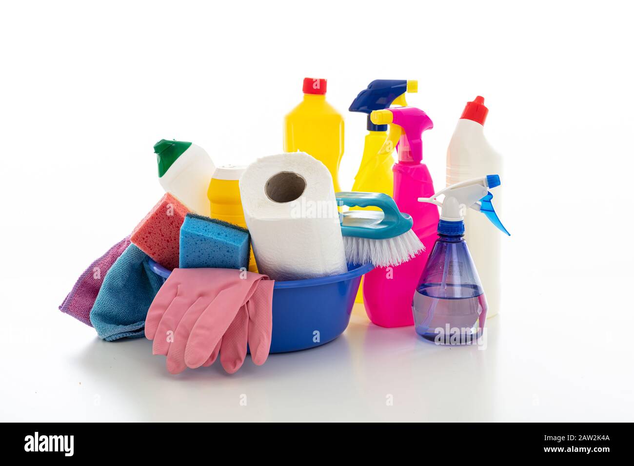 Cleaning products isolated against white background. Plastic chemical ...
