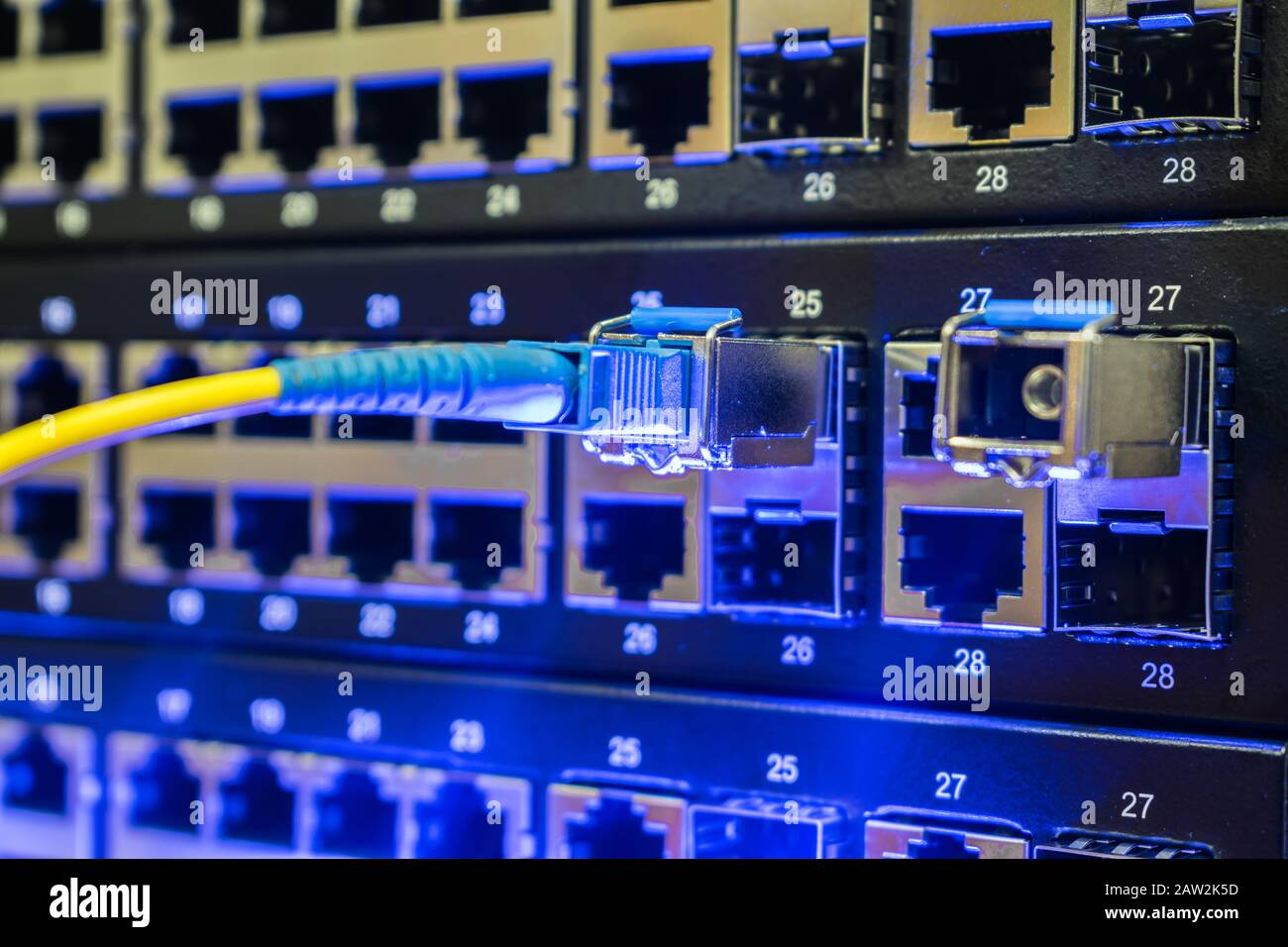 High-speed Internet switch with a lot of empty ports. The optical wire ...