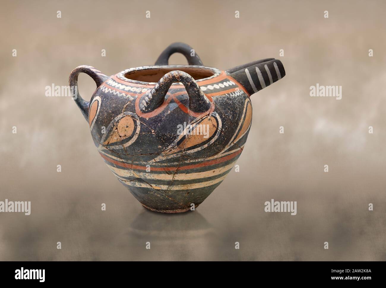 Minoan Kamares Ware spouted jug wit 3 handles and polychrome ...