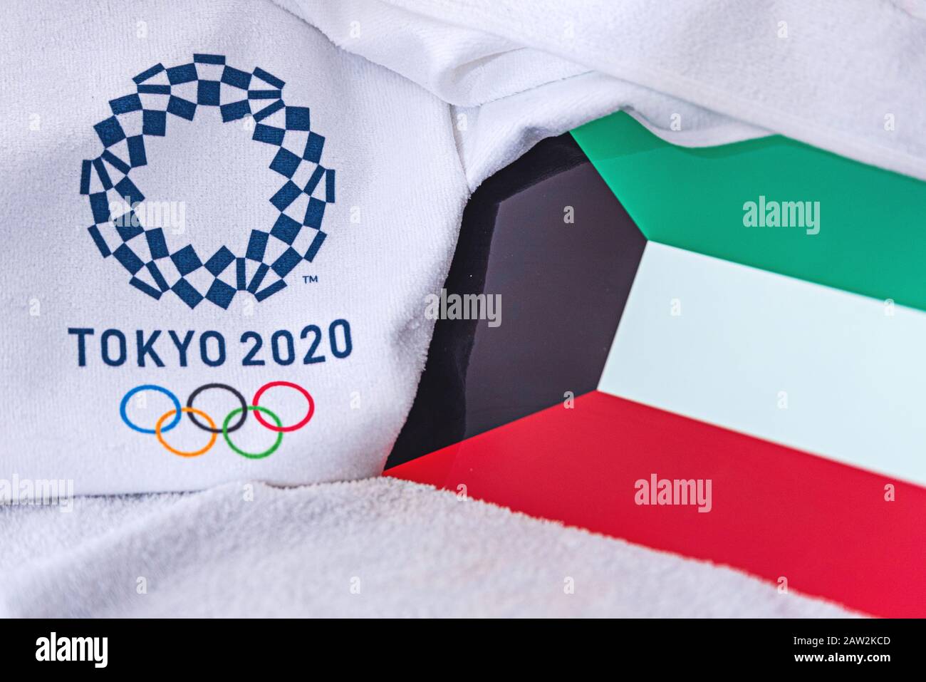 TOKYO, JAPAN, FEBRUARY. 4, 2020: Kuwait National flag, official logo of ...