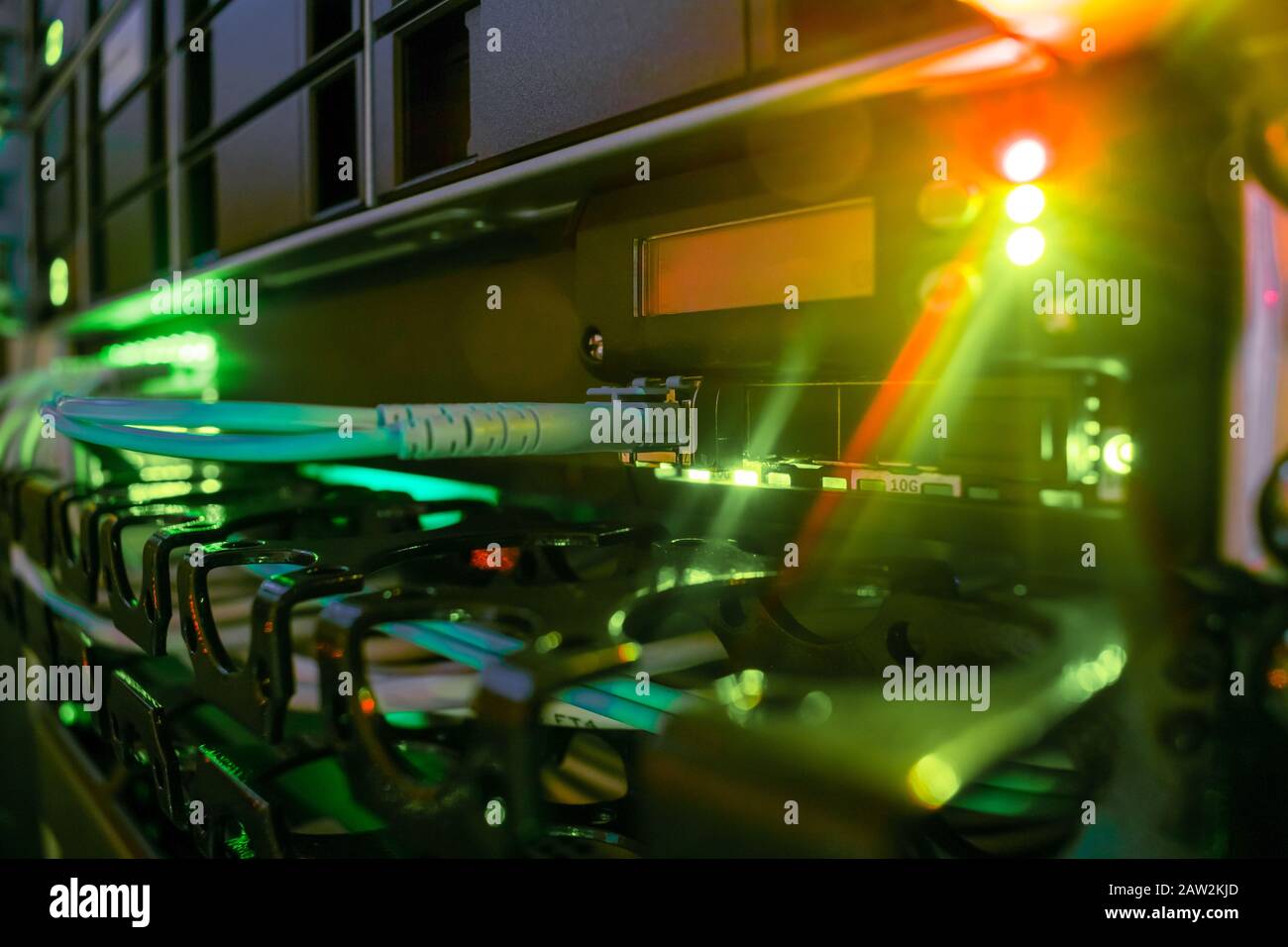 Fiber-optic Internet wire is connected to a powerful data storage ...