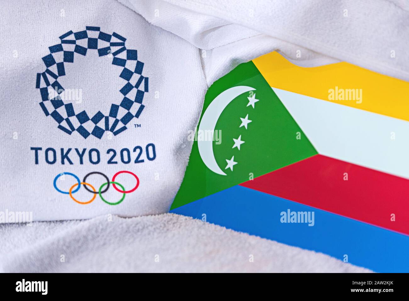 TOKYO, JAPAN, FEBRUARY. 4, 2020: Comoros National flag, official logo ...