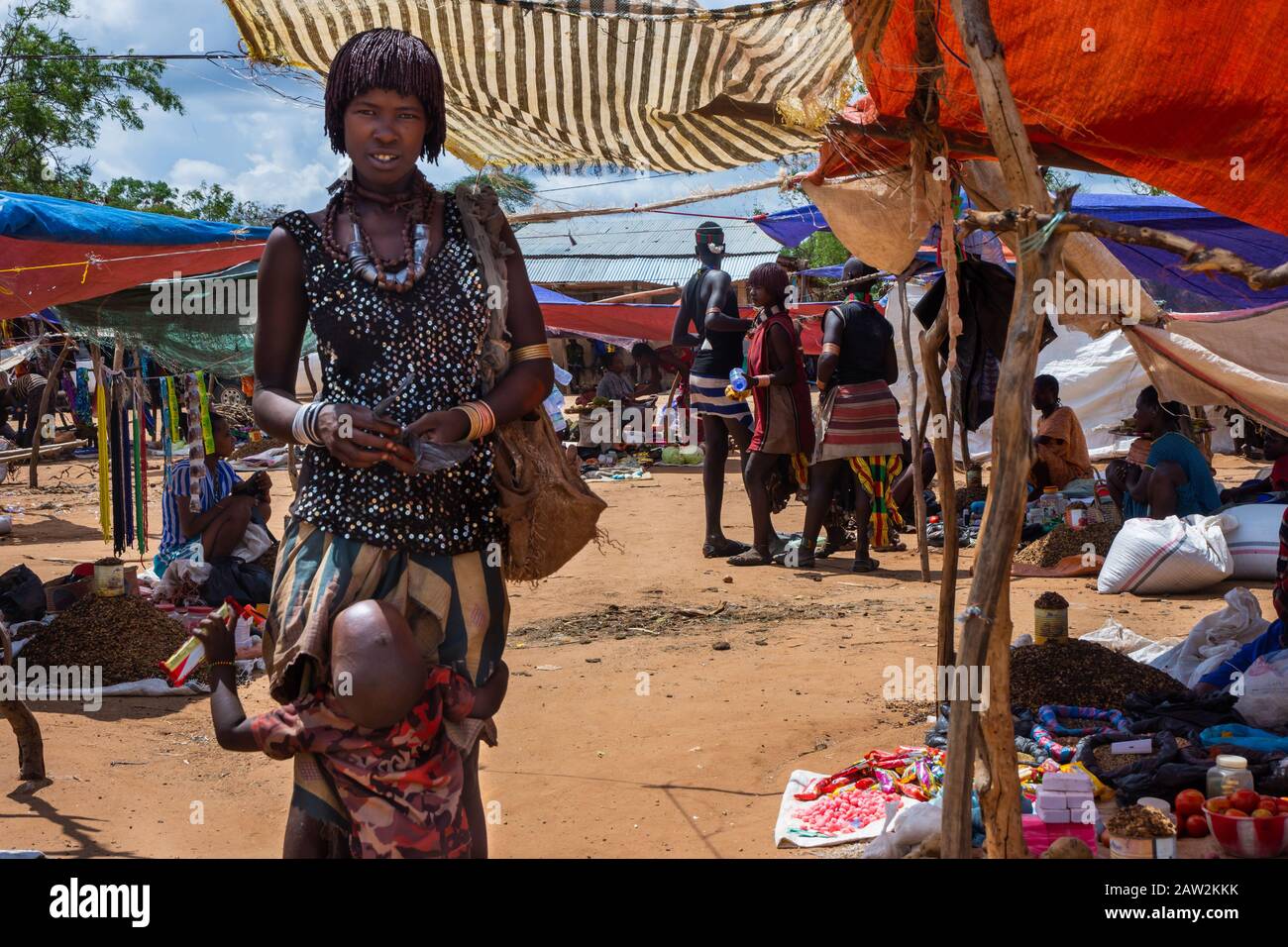Turmi, Ethiopia - Nov 2018: Local market of Hamer tribe in Turmi ...