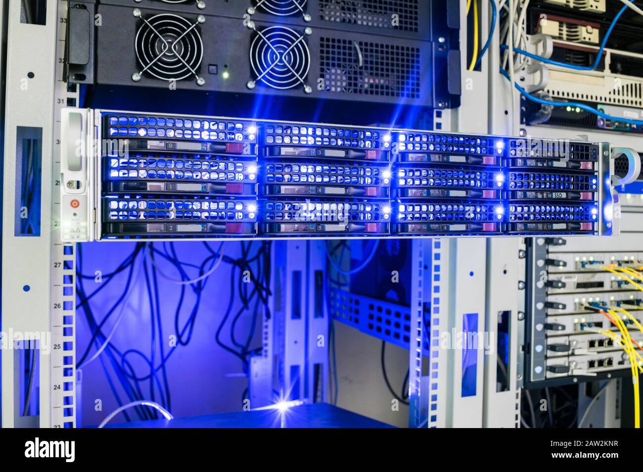 Access server close-up. Computer equipment with bright indication is ...