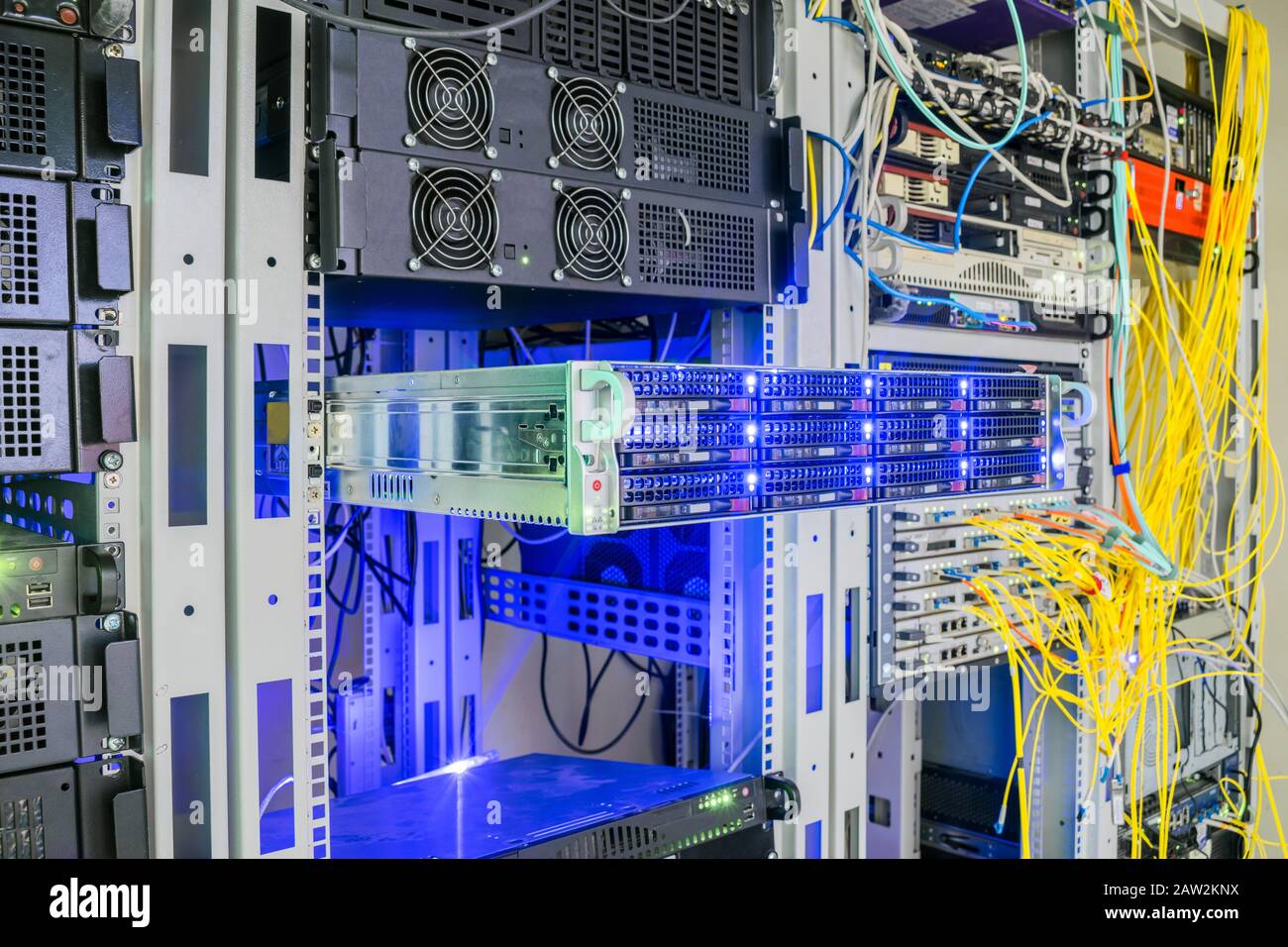 A modern set of computer equipment is installed in the data center ...