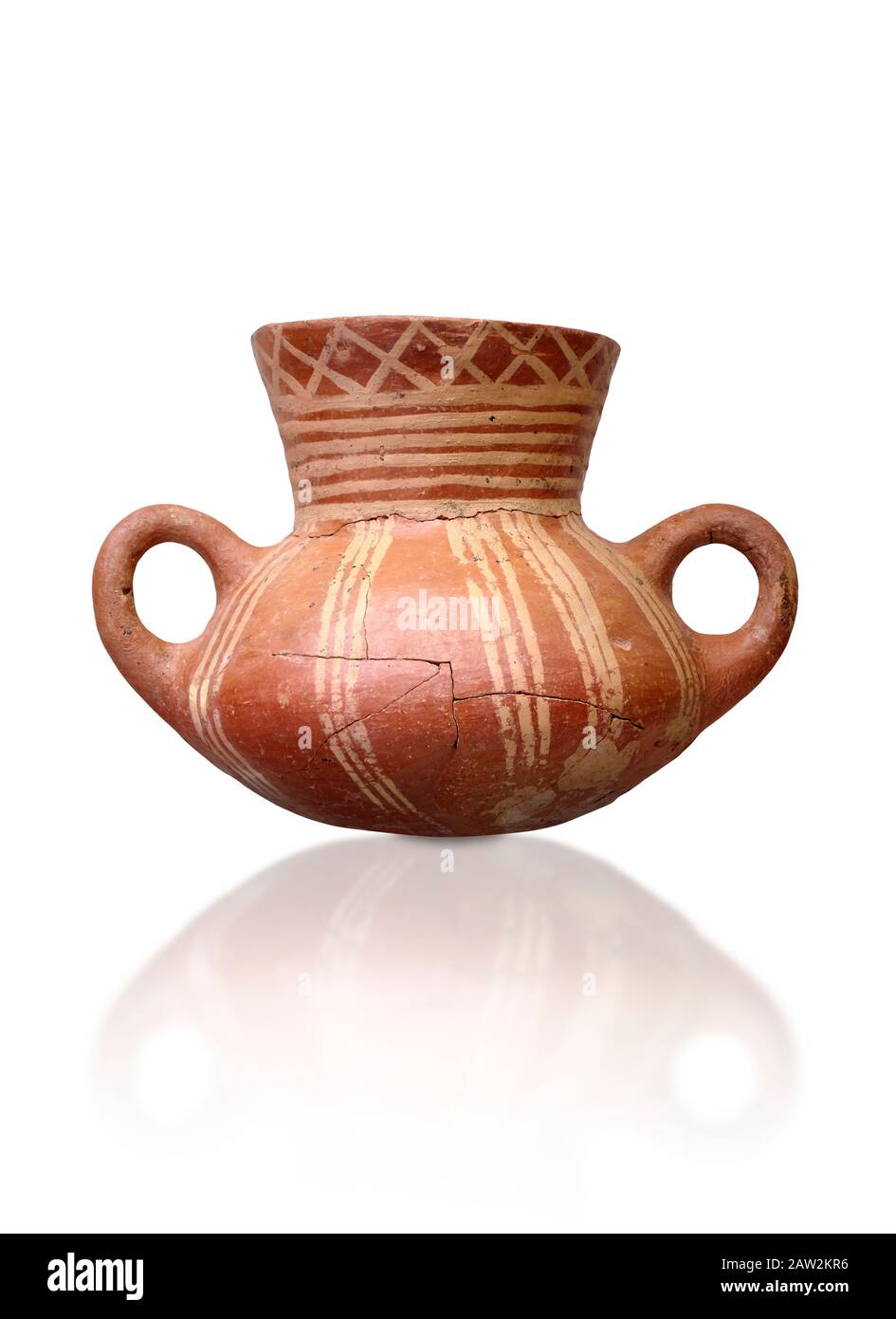 Very early Minoan rounded 2 handled pot with white and red linear ...