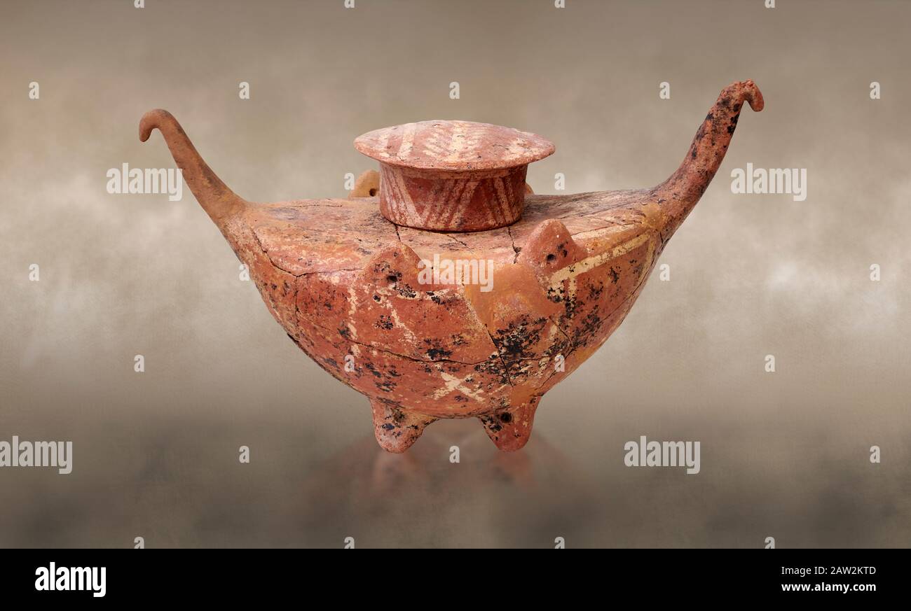 Very early Minoan boat shped pot with white and red linear motifs ...