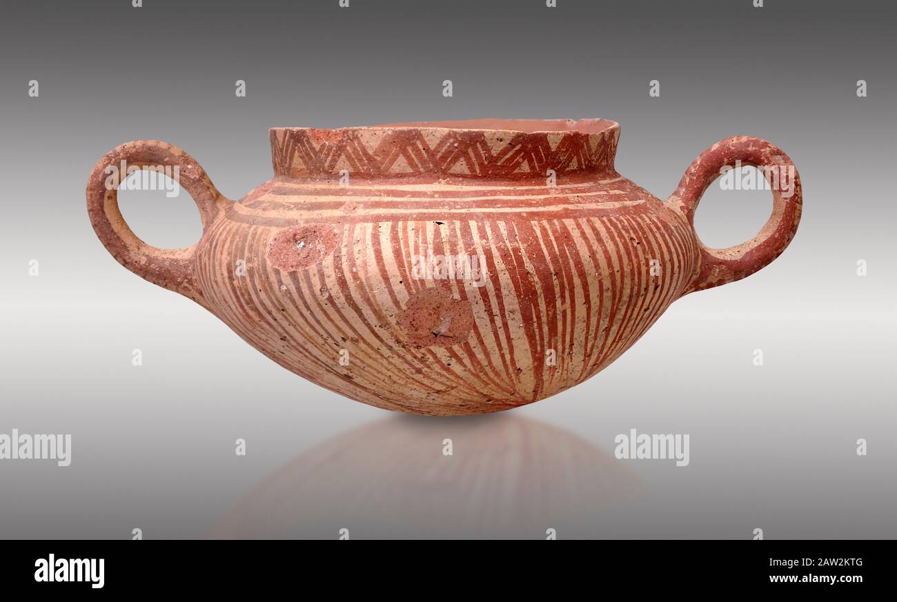 Very early Minoan rounded 2 handled pot with white and red linear ...