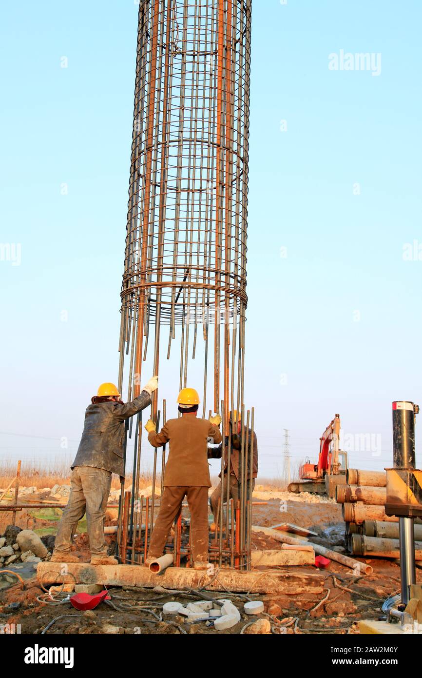 Bridge construction under performing the steel reinforcement of piling ...