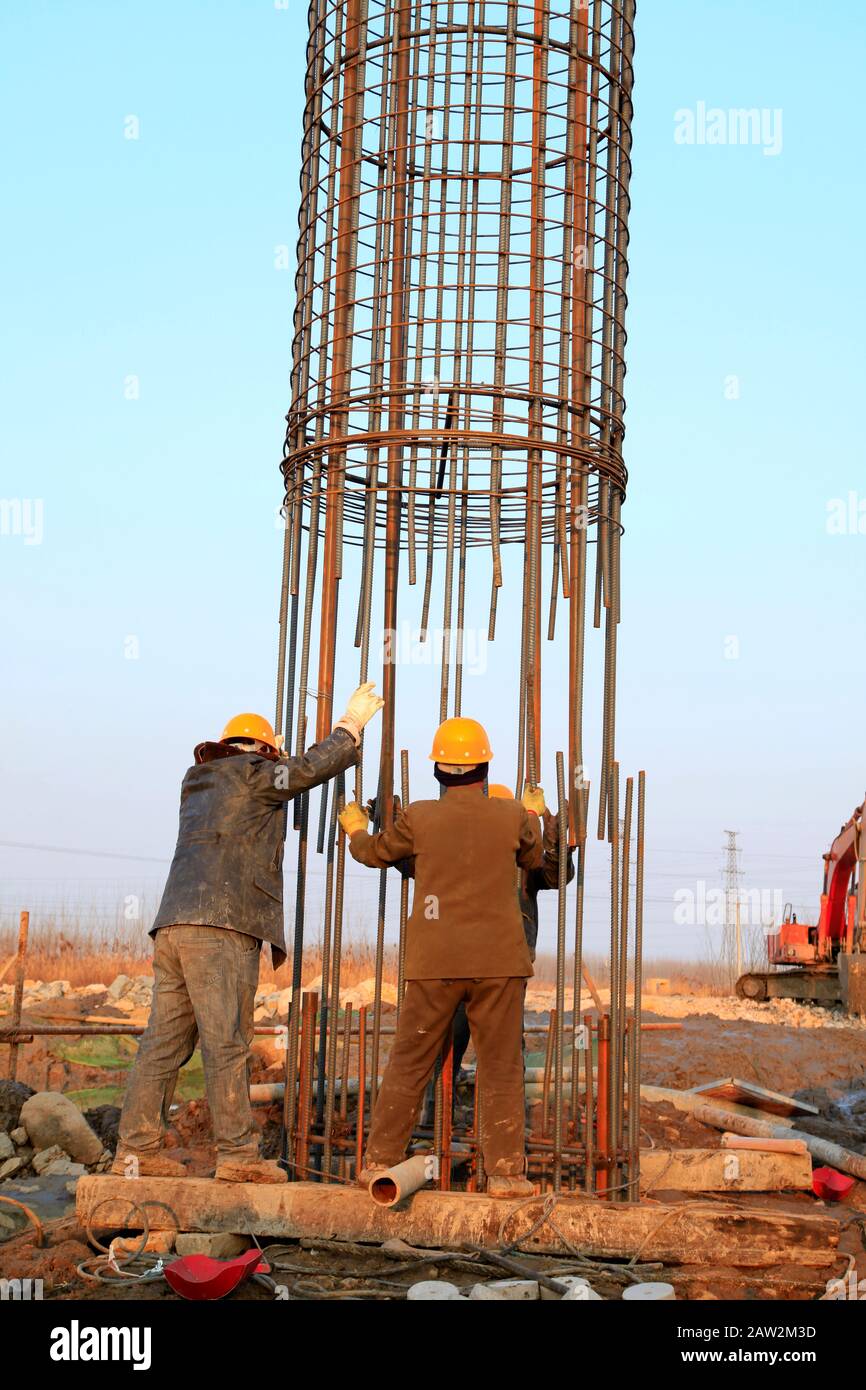 Bridge construction under performing the steel reinforcement of piling ...