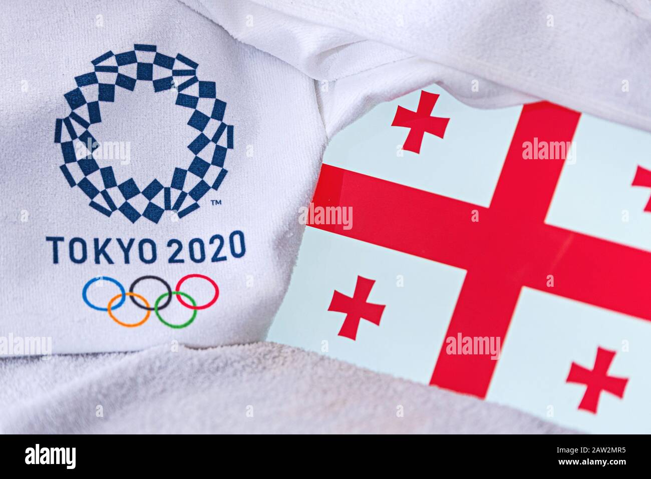 TOKYO, JAPAN, FEBRUARY. 4, 2020: Georgia National flag, official logo ...