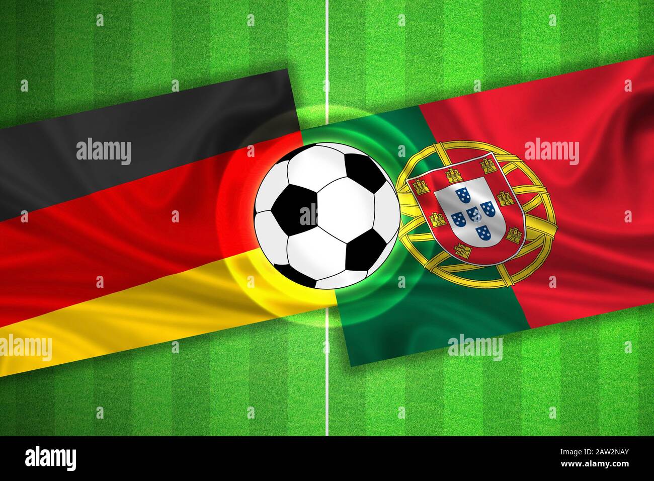 green Soccer / Football field with stripes and flags of germany ...