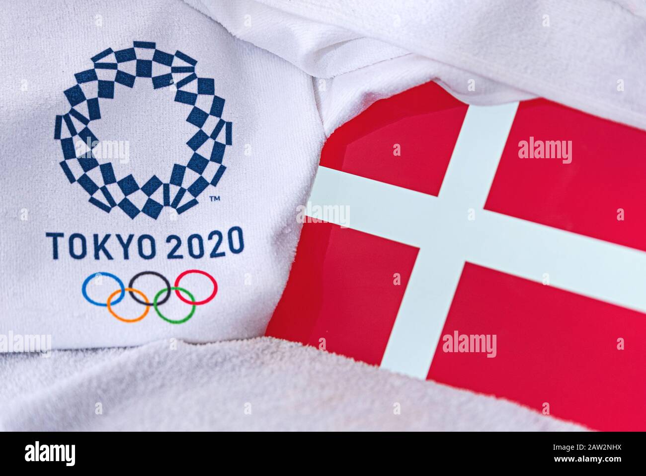 TOKYO, JAPAN, FEBRUARY. 4, 2020: Denmark National flag, official logo ...