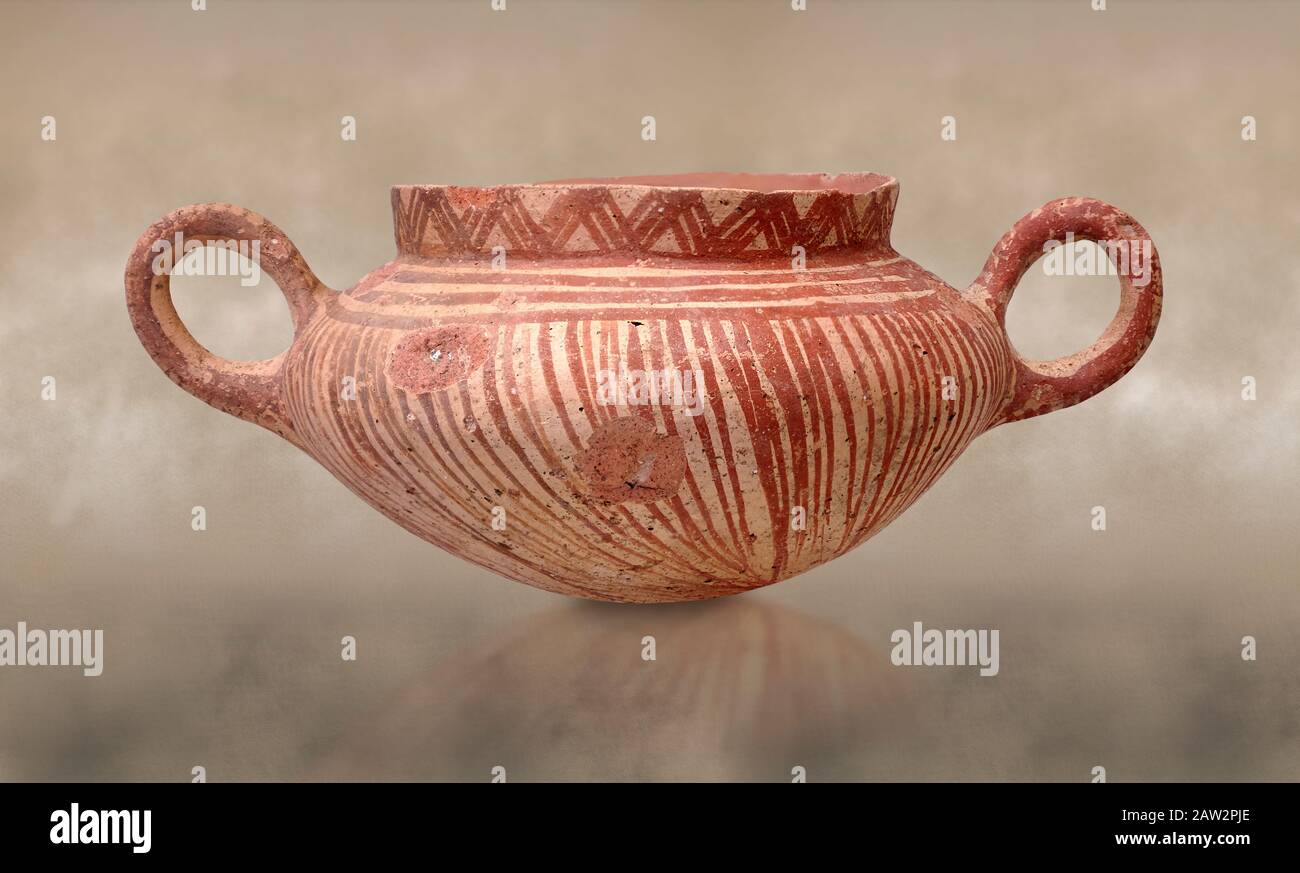 Very early Minoan rounded 2 handled pot with white and red linear ...