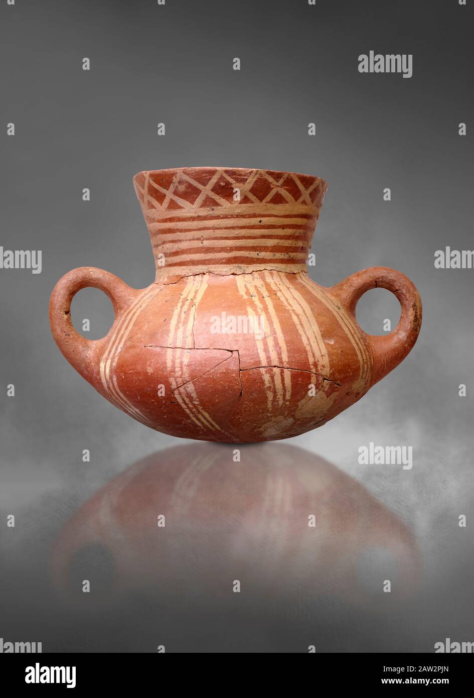 Very early Minoan rounded 2 handled pot with white and red linear ...