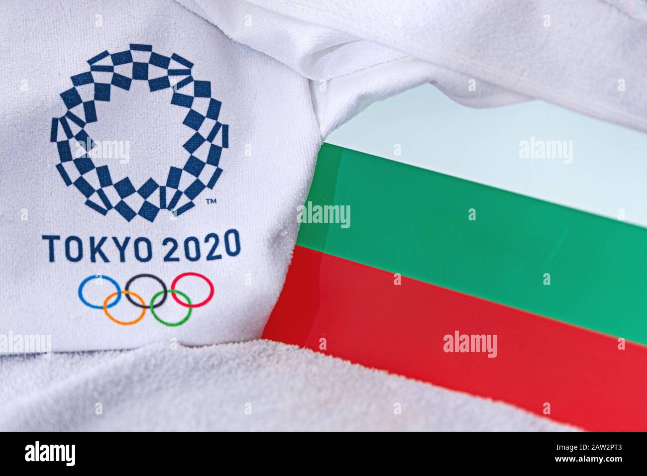 TOKYO, JAPAN, FEBRUARY. 4, 2020: Bulgaria National flag, official logo ...