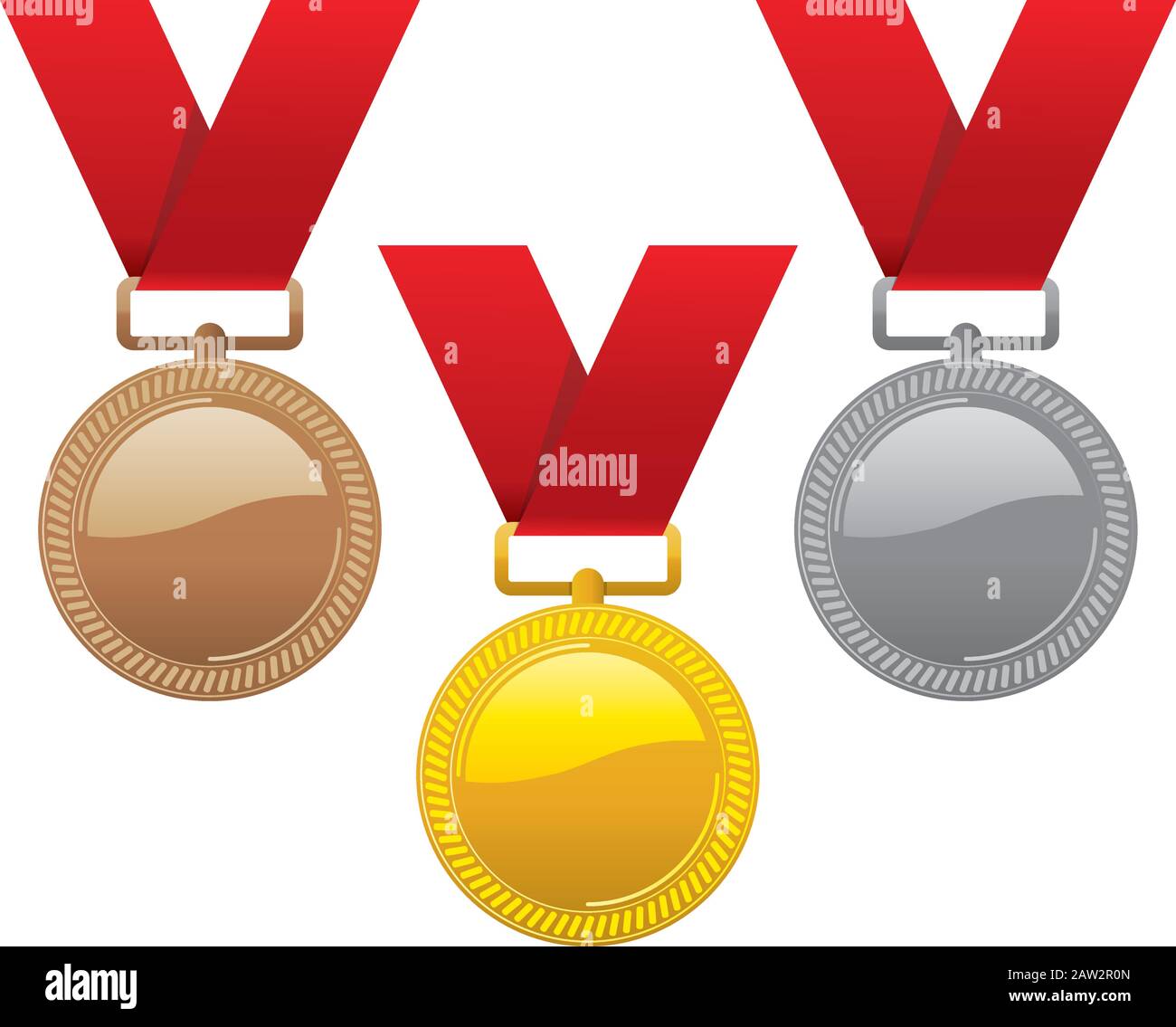 vector set of gold, silver and bronze medals with red ribbons. champion ...