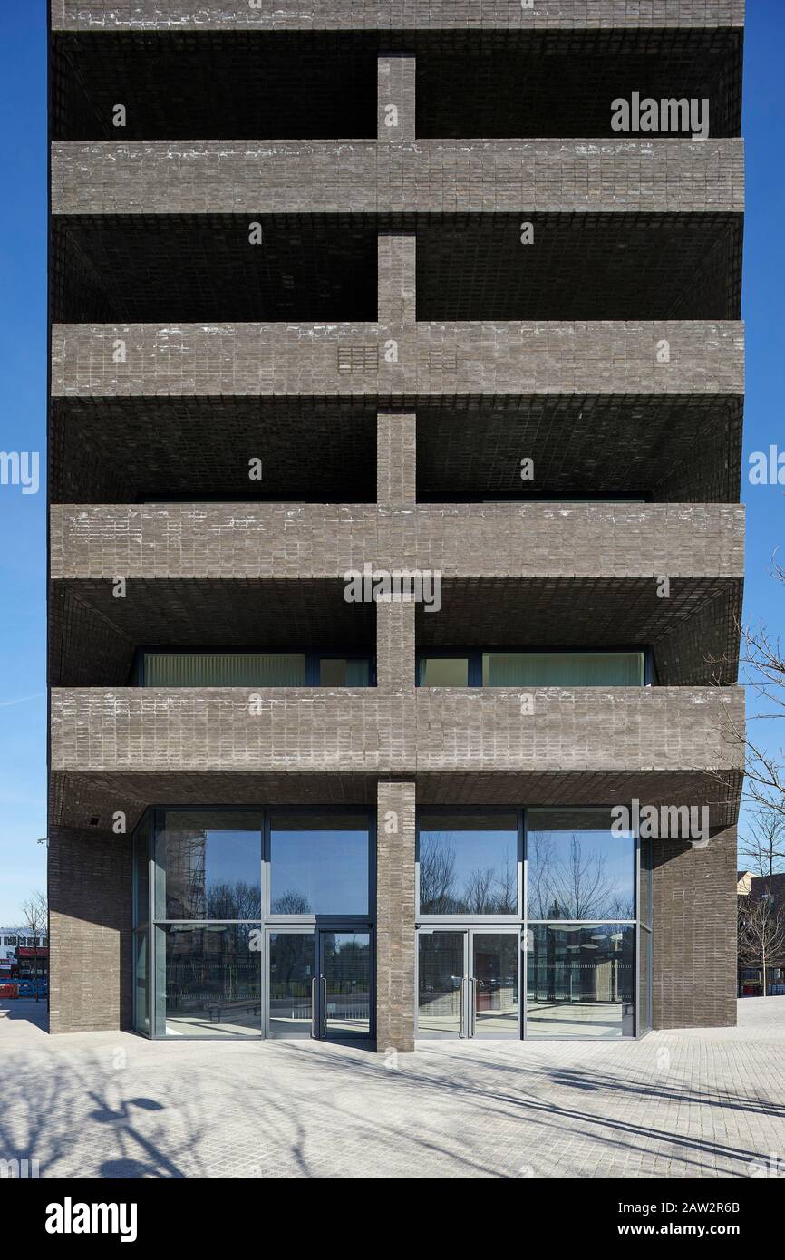 Detail of grey brick facade. Hoxton Press, London, United Kingdom ...