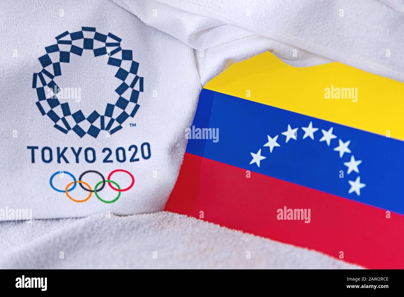 TOKYO, JAPAN, FEBRUARY. 4, 2020: Venezuela National flag, official logo ...