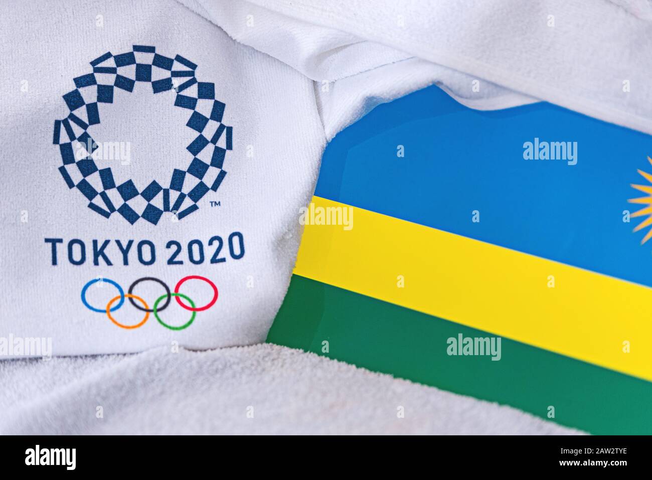 TOKYO, JAPAN, FEBRUARY. 4, 2020: Rwanda National flag, official logo of ...