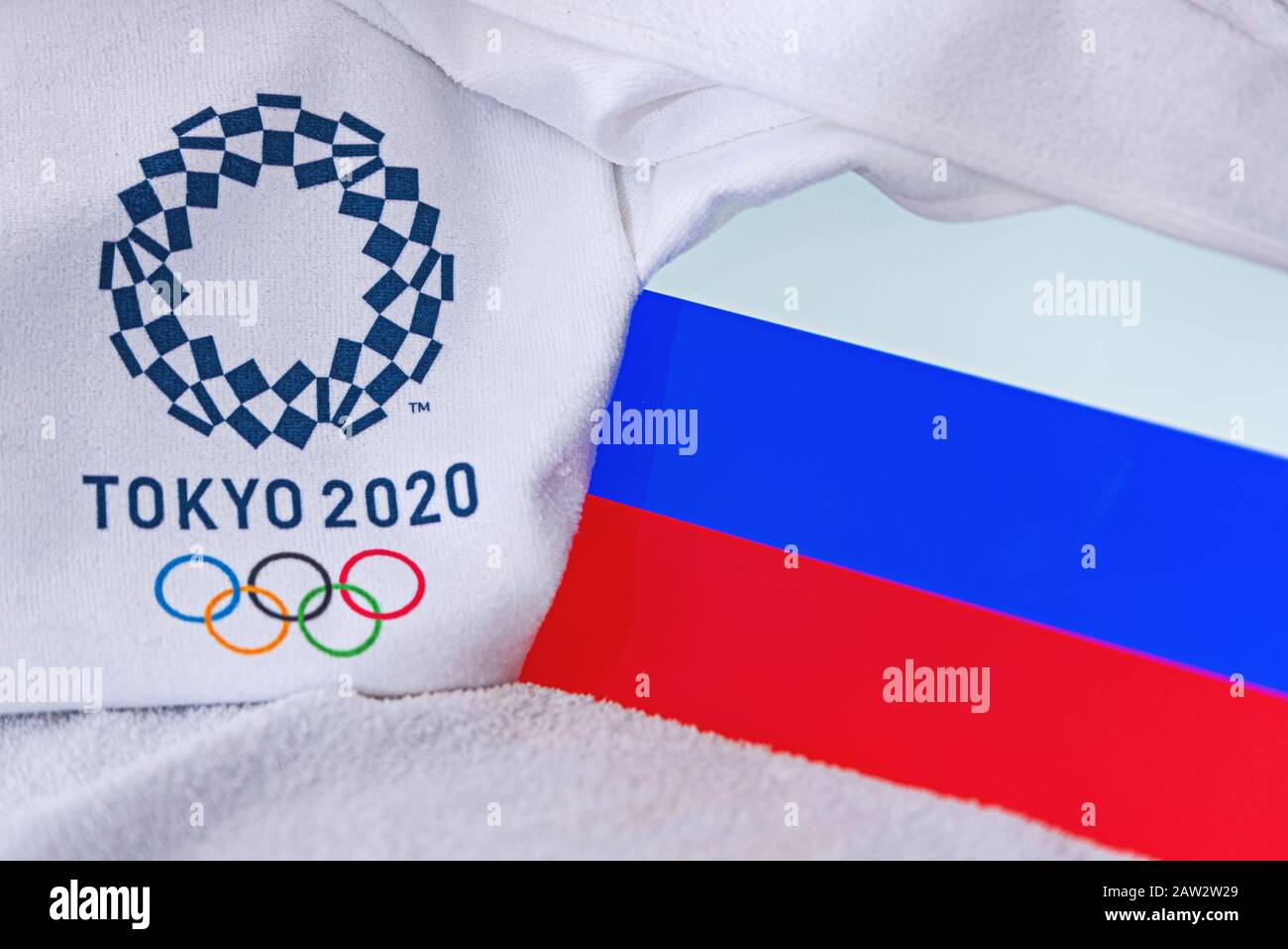 TOKYO, JAPAN, FEBRUARY. 4, 2020: Russia National flag, official logo of ...