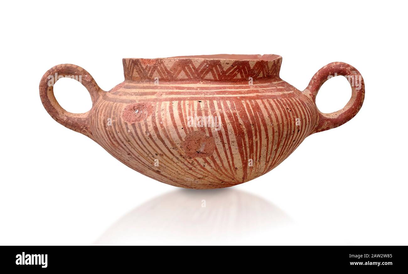Very early Minoan rounded 2 handled pot with white and red linear ...