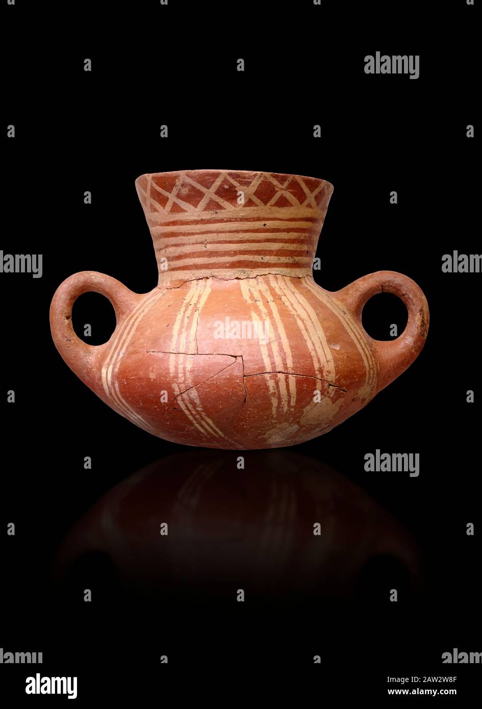 Very early Minoan rounded 2 handled pot with white and red linear ...
