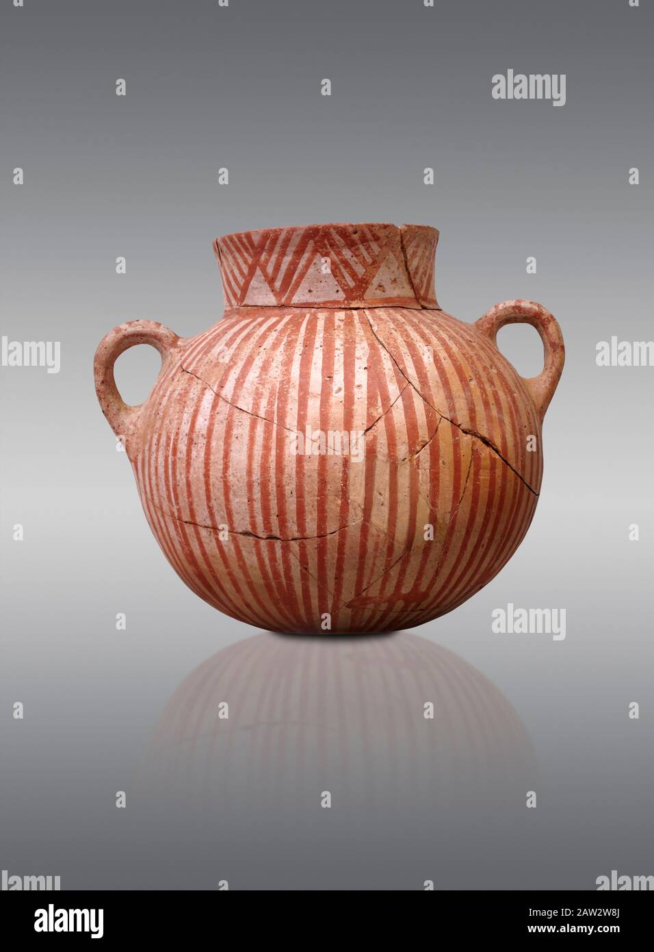 Very early Minoan round pot with white and red linear motifs, vaulted ...