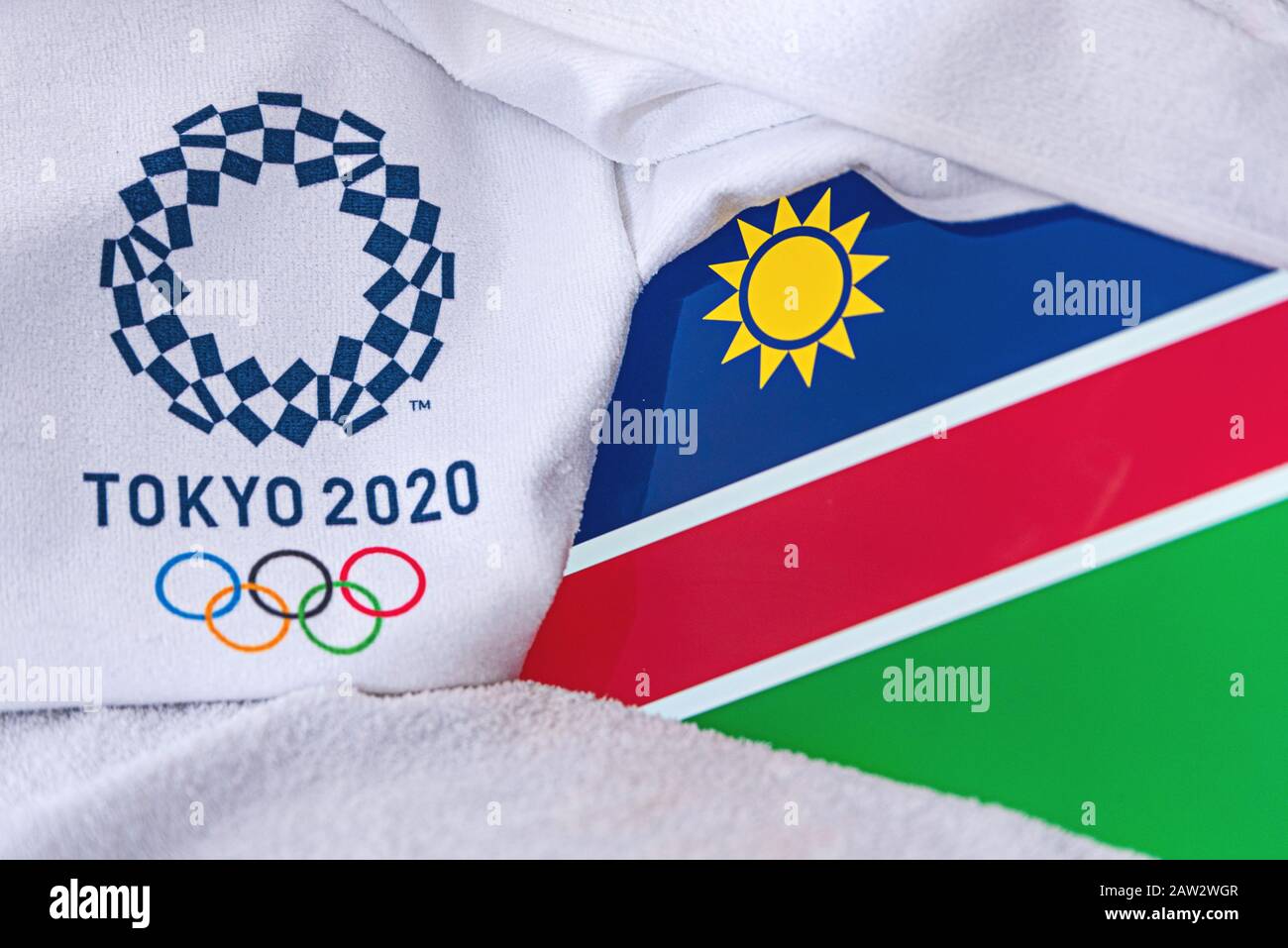 TOKYO, JAPAN, FEBRUARY. 4, 2020: Namibia National flag, official logo ...
