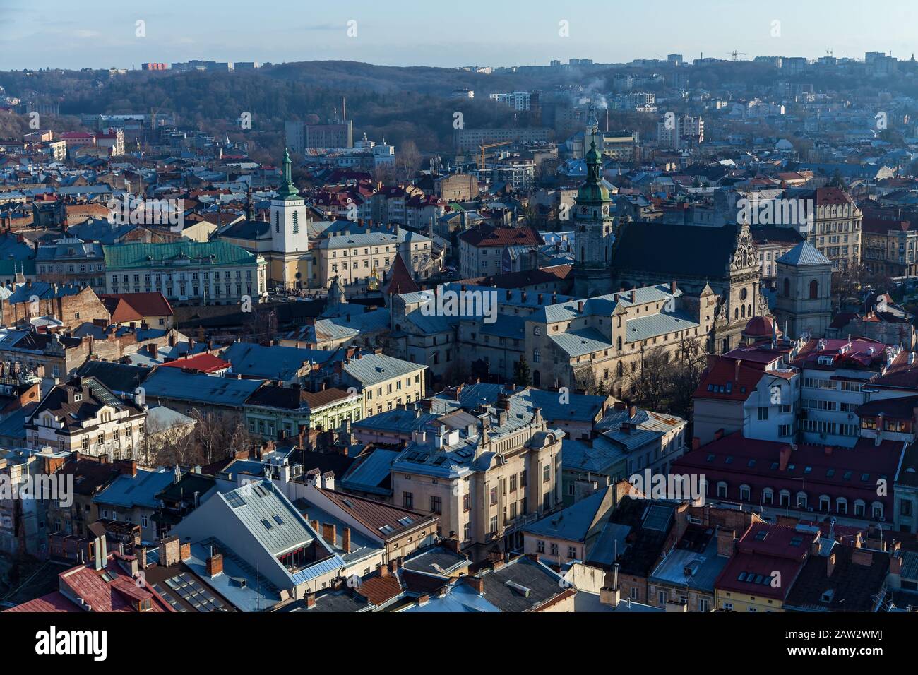 An amazing aerial view of a historical center of Lviv with lots of ...