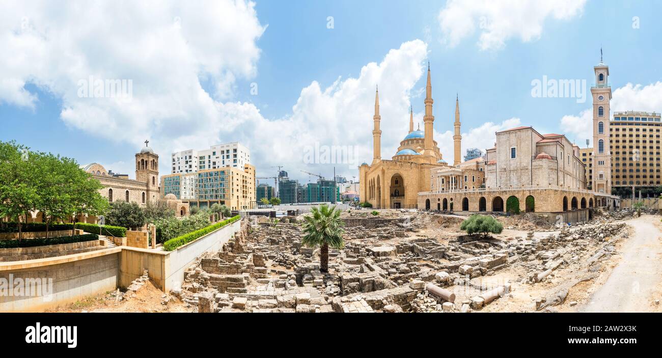 Panorama of the Roman ruins in front of Mohammad Al-Amin mosque and ...