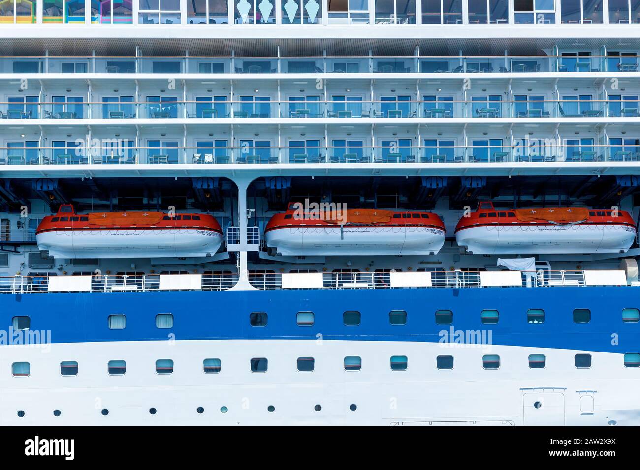 A close-up view of a big passenger cruise ship with specially ...