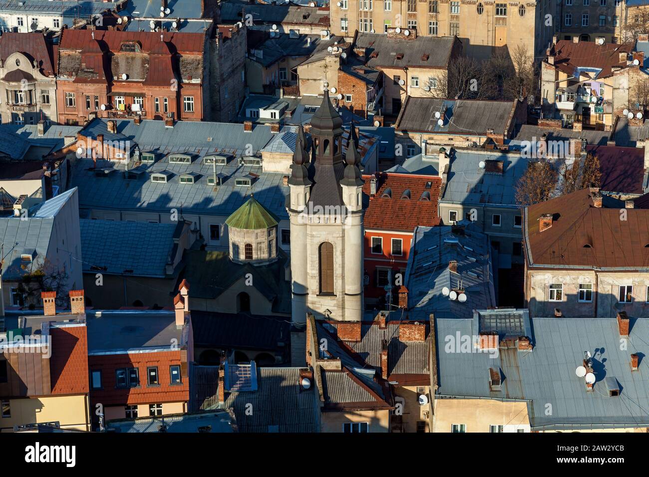An amazing aerial view of a historical center of Lviv with lots of ...
