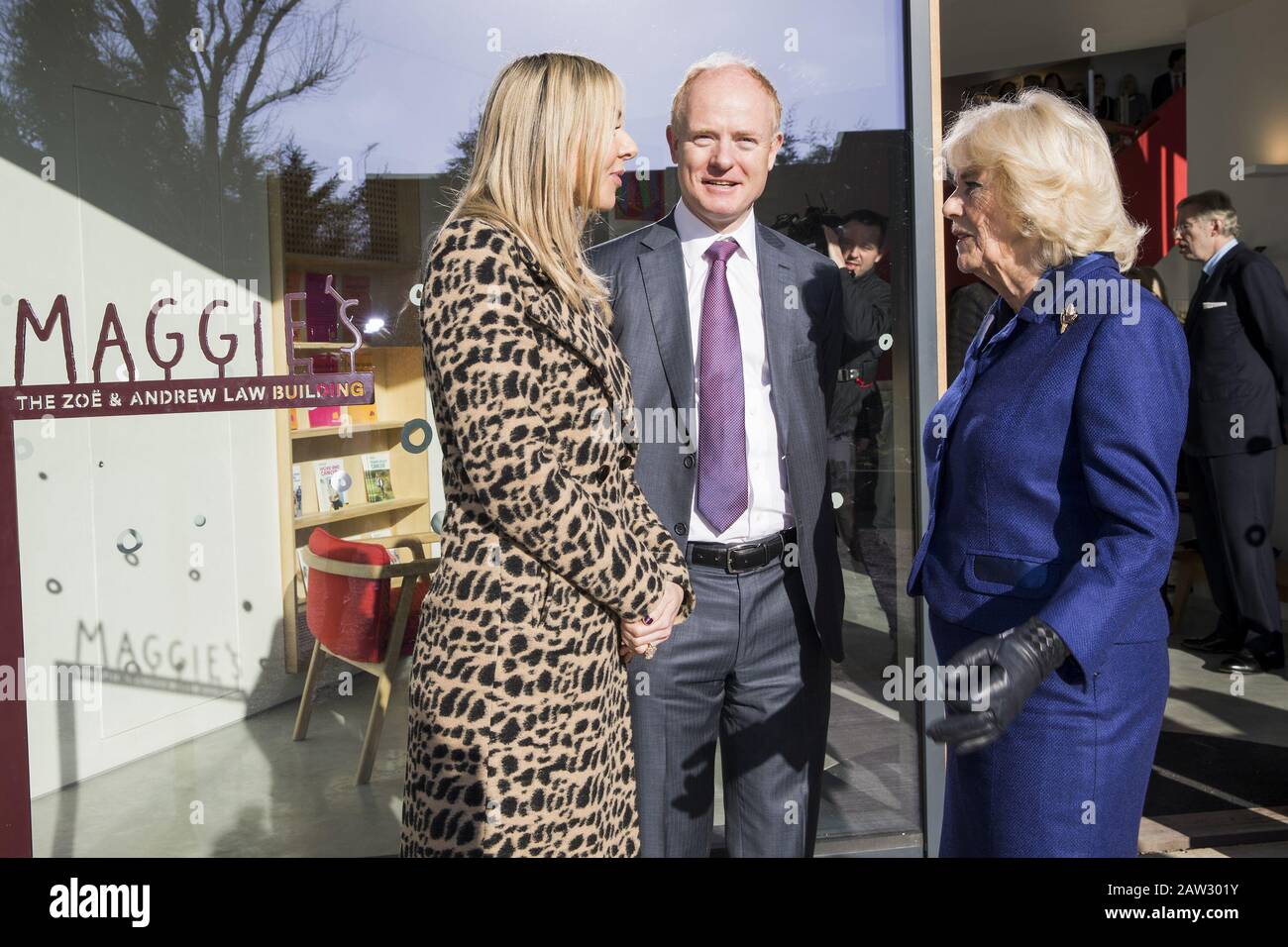 The Duchess of Cornwall (right) alongside Zoe Law and Andrew Law during ...
