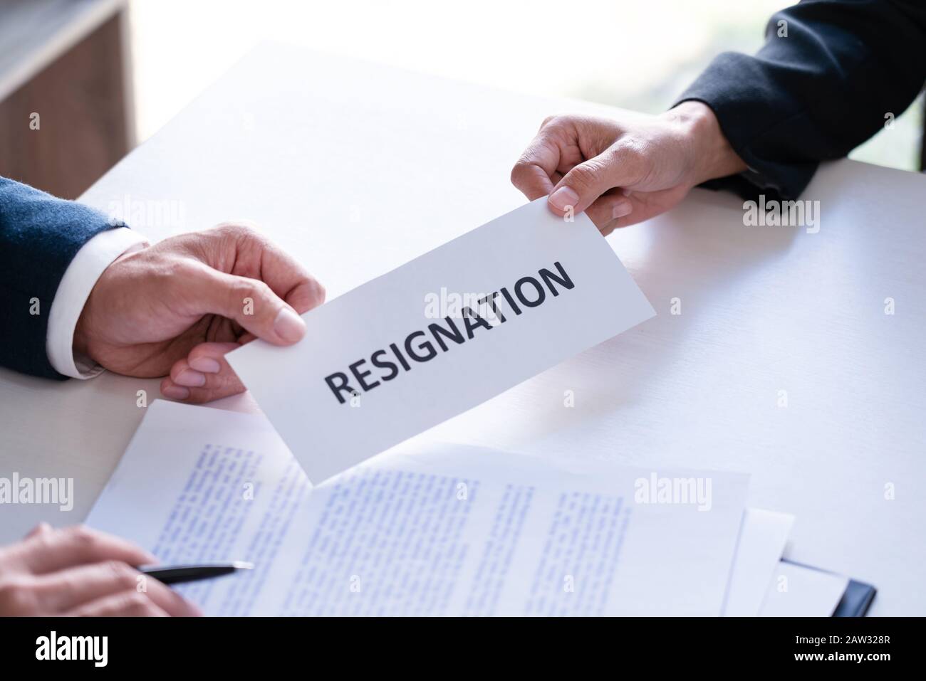 Employee businessman submit or sending resignation document letter to ...