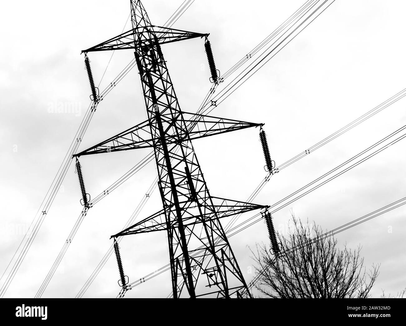 A row of electricity pylons stretch across the countryside, in the ...