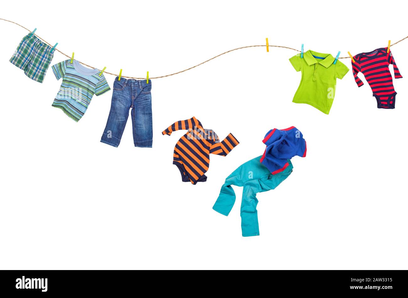 Laundry line with falling clothes on a white Stock Photo - Alamy