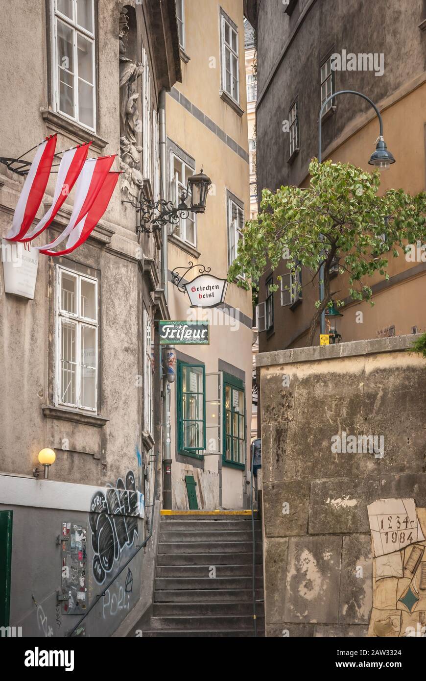VIENNA, AUSTRIA, 28 AUGUST 2019: a alley or a narrow street in city ...