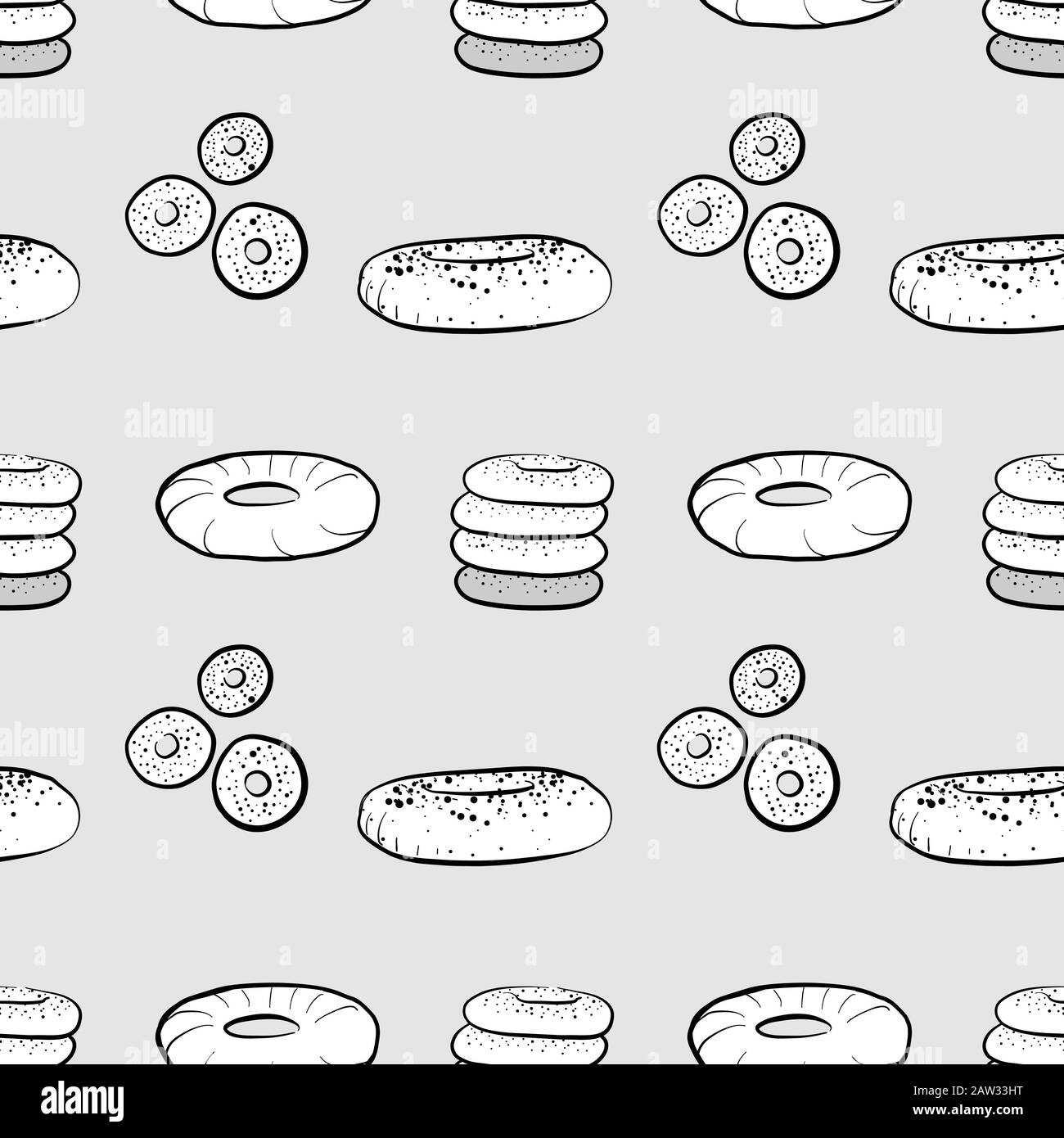 Bagel seamless pattern greyscale drawing. Useable for wallpaper or any ...