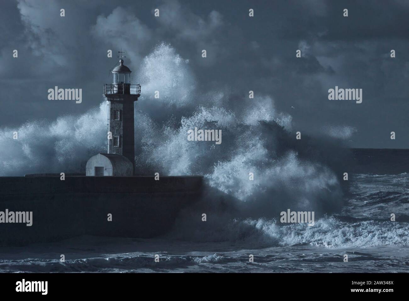 Sea storm at the Douro river old lighthouse. Used infrared filter ...