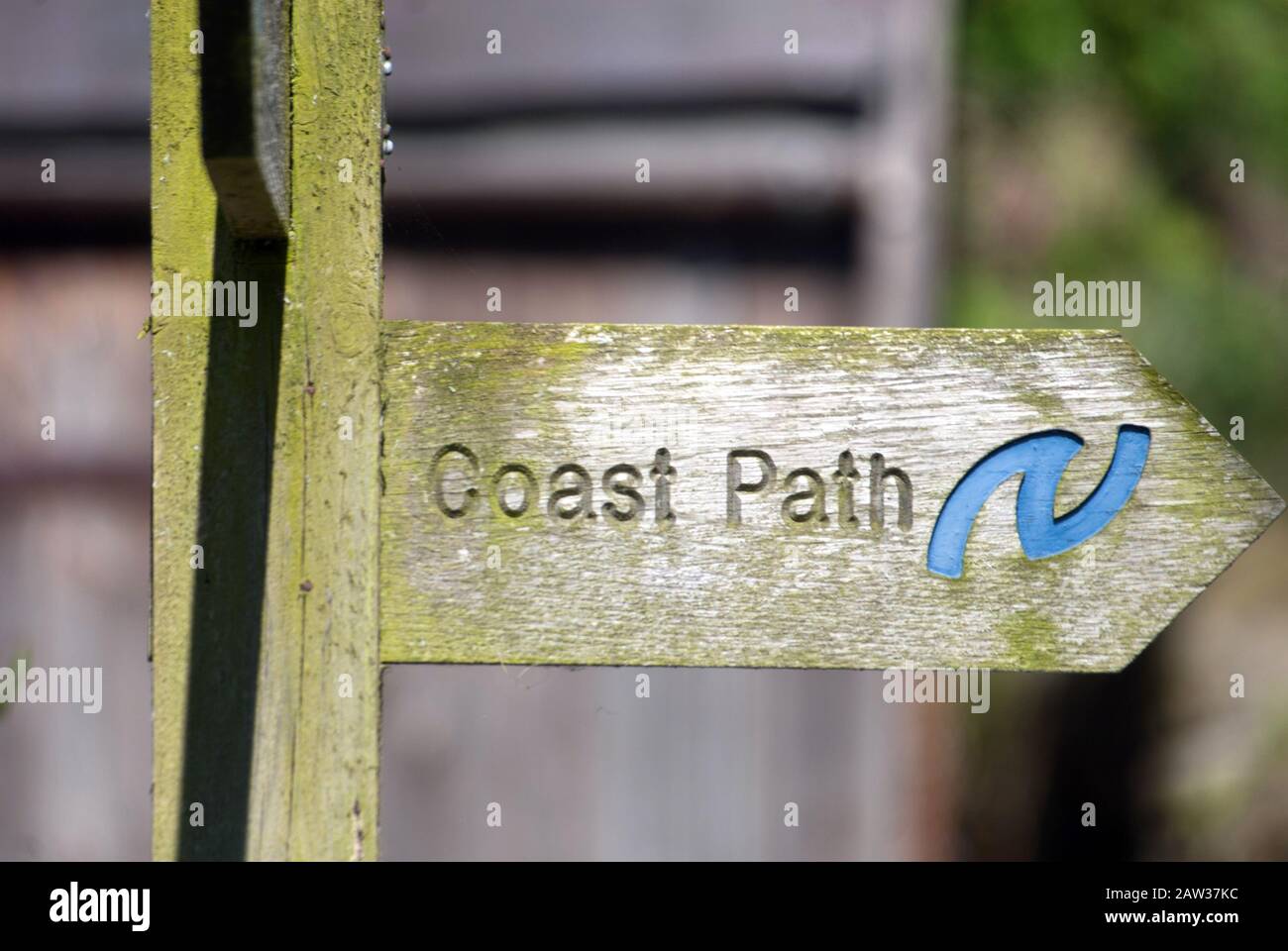 Wooden signpost for coast path, Alnmouth, Northumberland Stock Photo ...