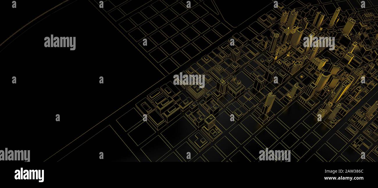 above view of black low poly city with orange outlines. 3d rendering ...