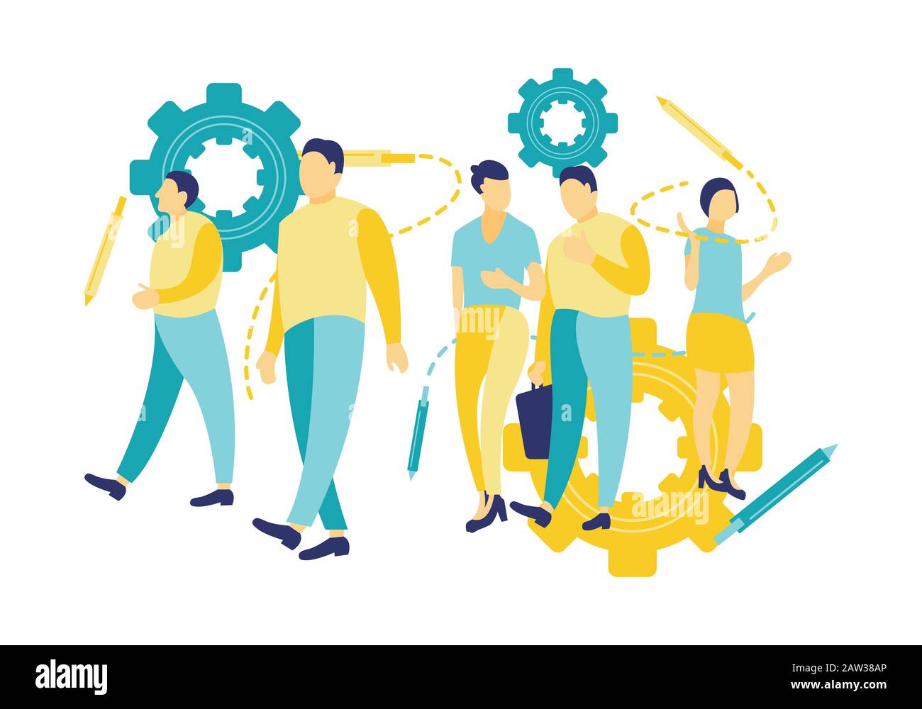 Flat vector illustration. People walk in front of the office. People ...