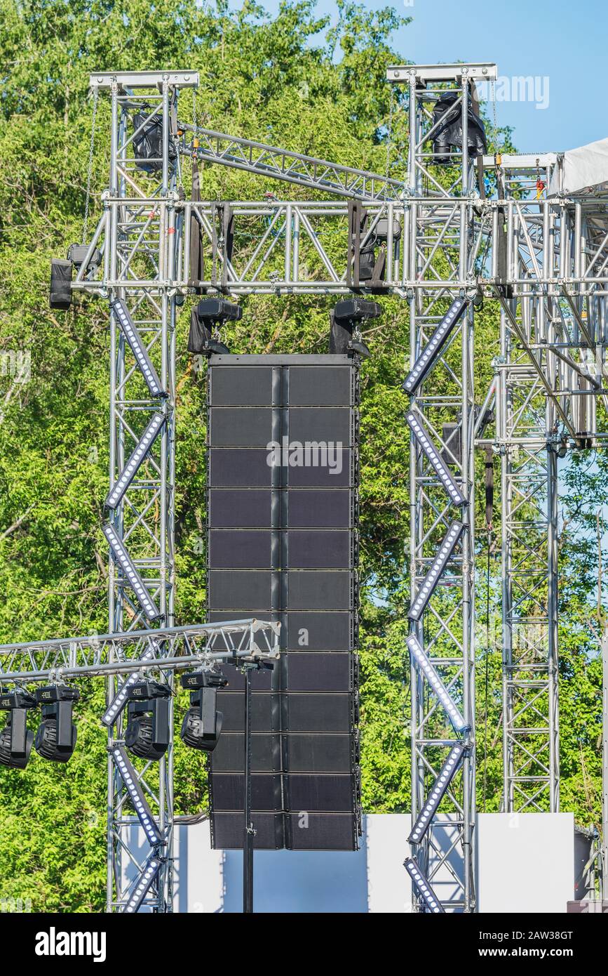 Sound system by the stage at concert time. Open air event equipment ...