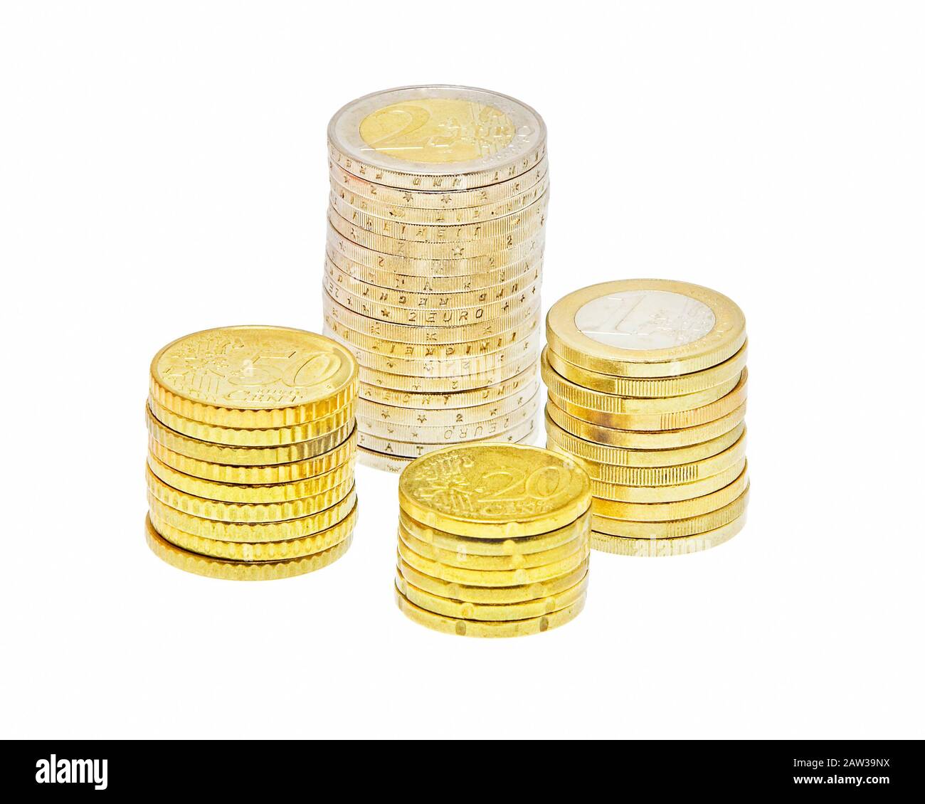 four stacks of euro coins isolated on white background Stock Photo - Alamy