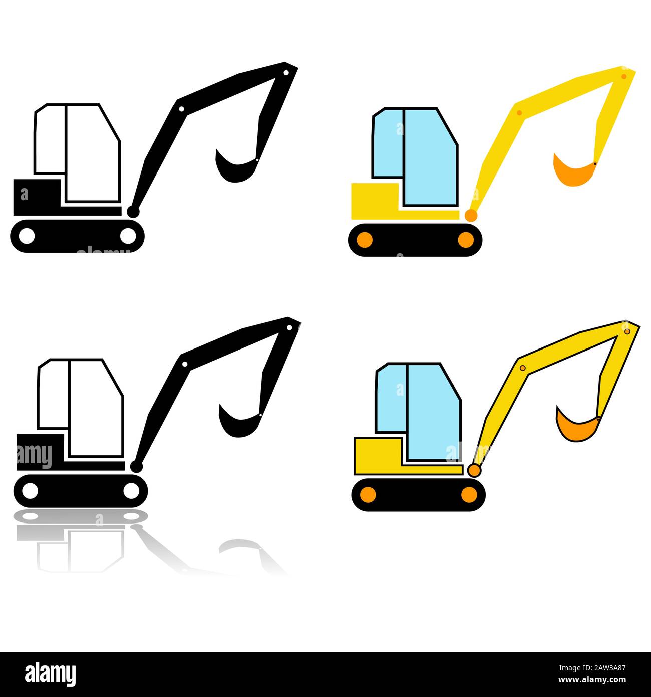 Icon set showing an illustration of an excavator represented in ...