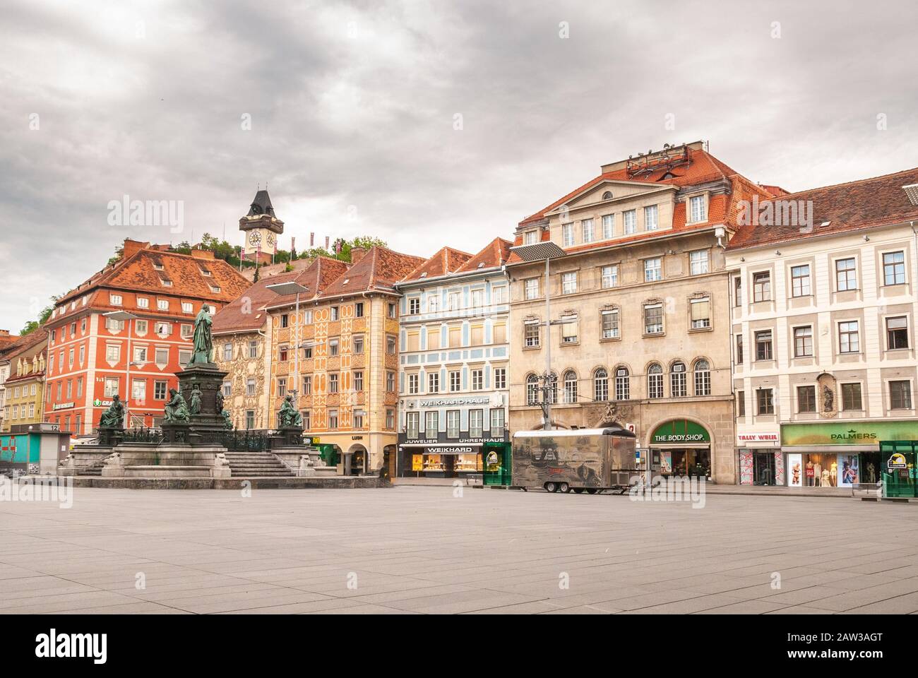 Classic view of the historic city of Graz with main square and famous ...