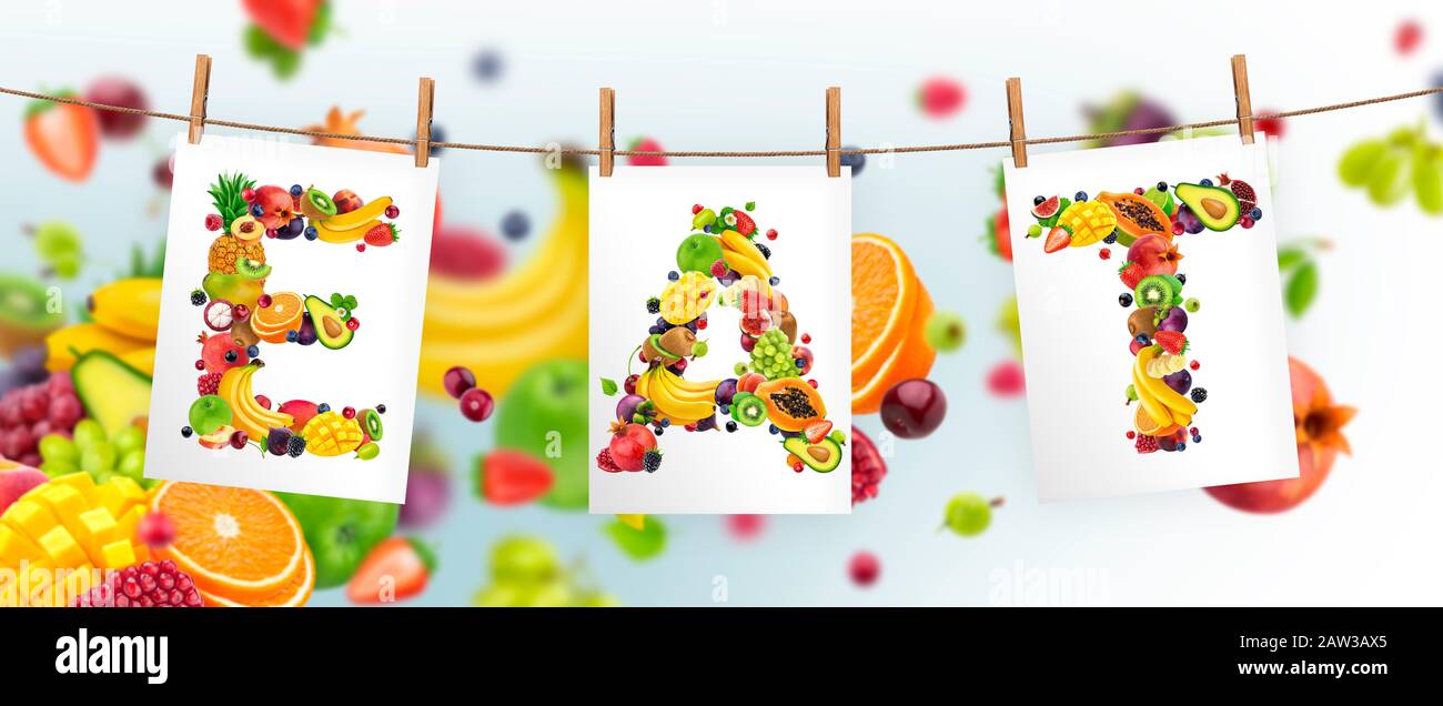 Word EAT isolated on bokeh background, healthy food concept Stock Photo ...