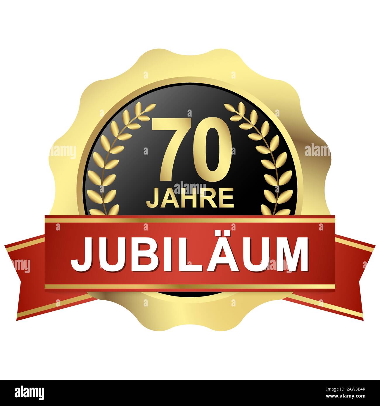 gold button with red banner for 70 years jubilee (text in german Stock ...