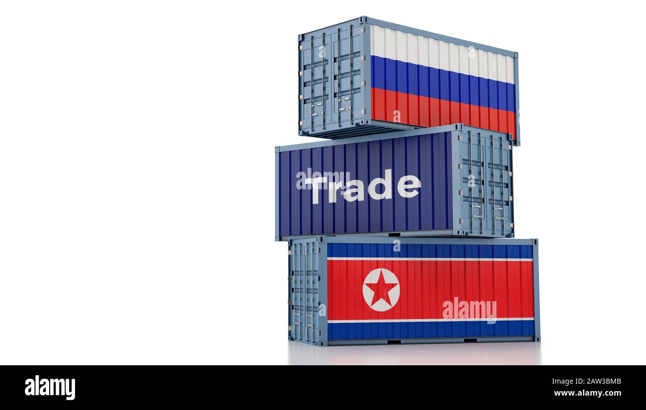 Freight container with Russia and North Korea flag. 3D Rendering Stock ...